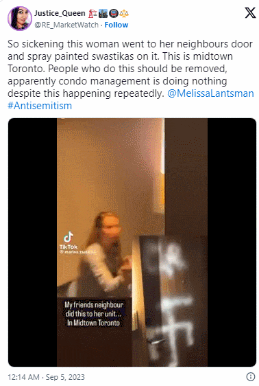 多伦多发廊美女老板在condo走廊和邻居门上喷漆！涉仇恨犯罪被抓了
